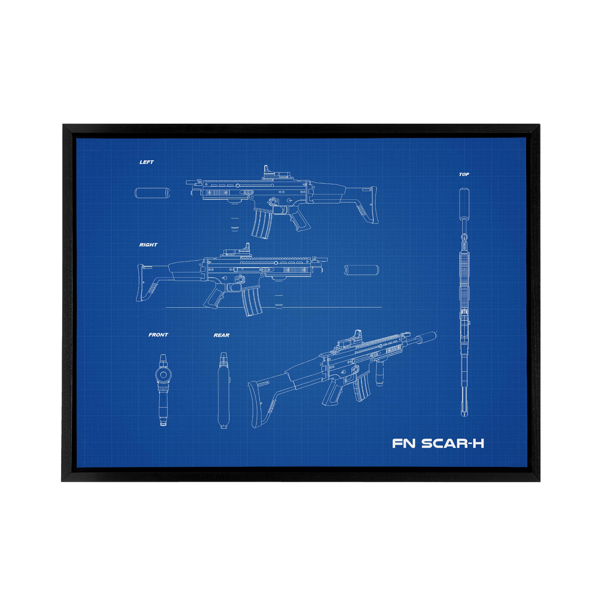 FN SCAR H Assault Rifle Blueprint Black Framed Canvas Wall Art Print ...