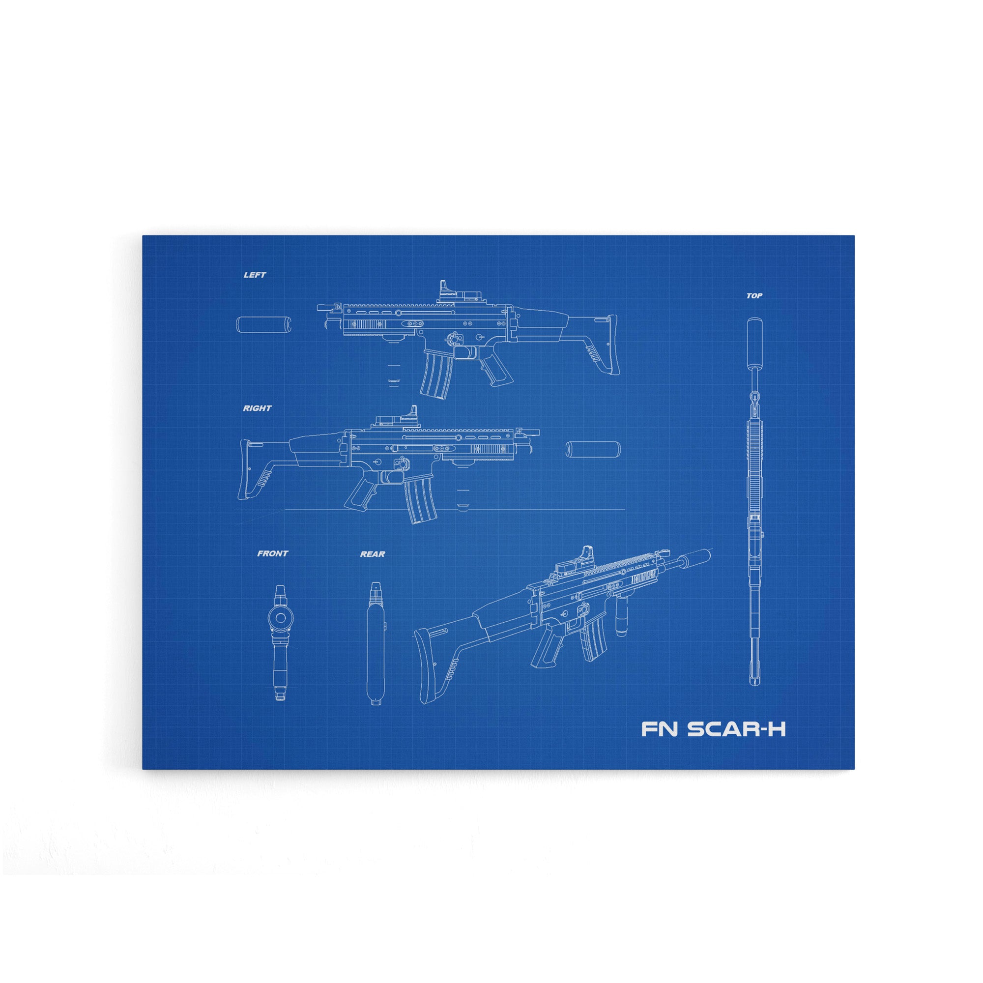FN SCAR H Assault Rifle Blueprint Canvas Wall Art Print – Wee Blue Coo